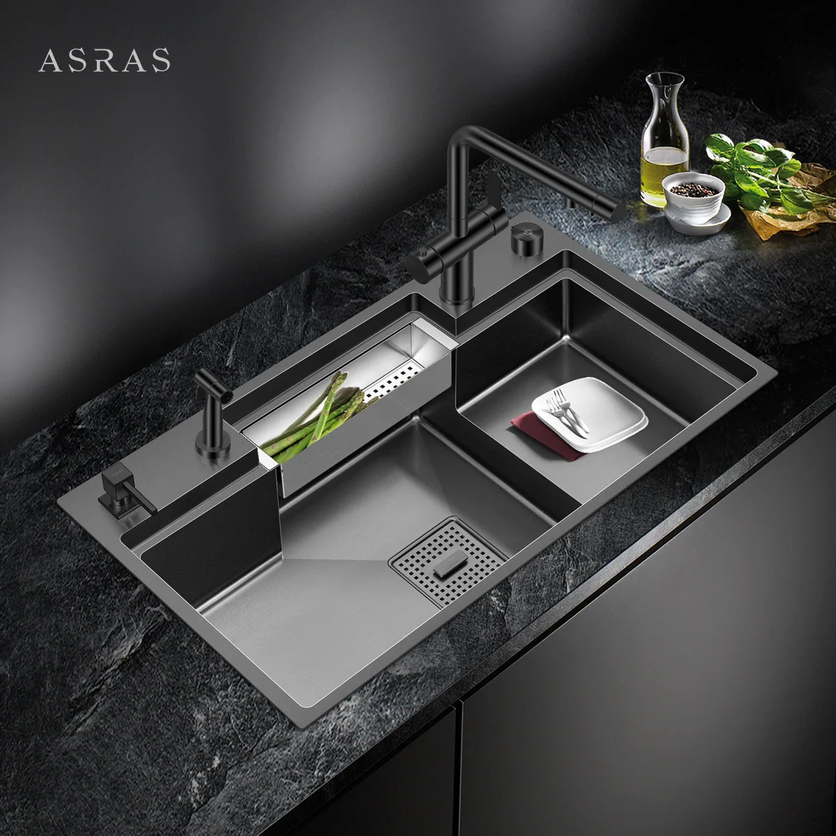 Asras 8347NJ black nano 304 stainless steel stepped manual sink ...