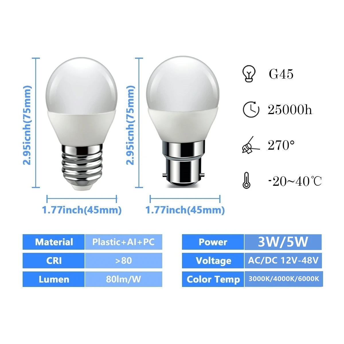 G45/A60 1-10pcs LED Bulb Low voltage AC/DC12V-48V 3W/5W/10W No Flicker ...