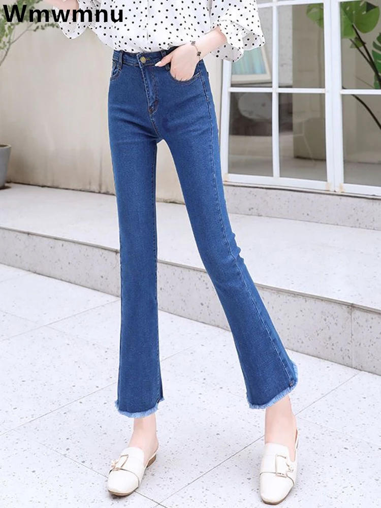 Coreano-Ver-o-Cintura-Alta-Magro-Flare-Jeans-Mulheres-Casual-Elegante ...