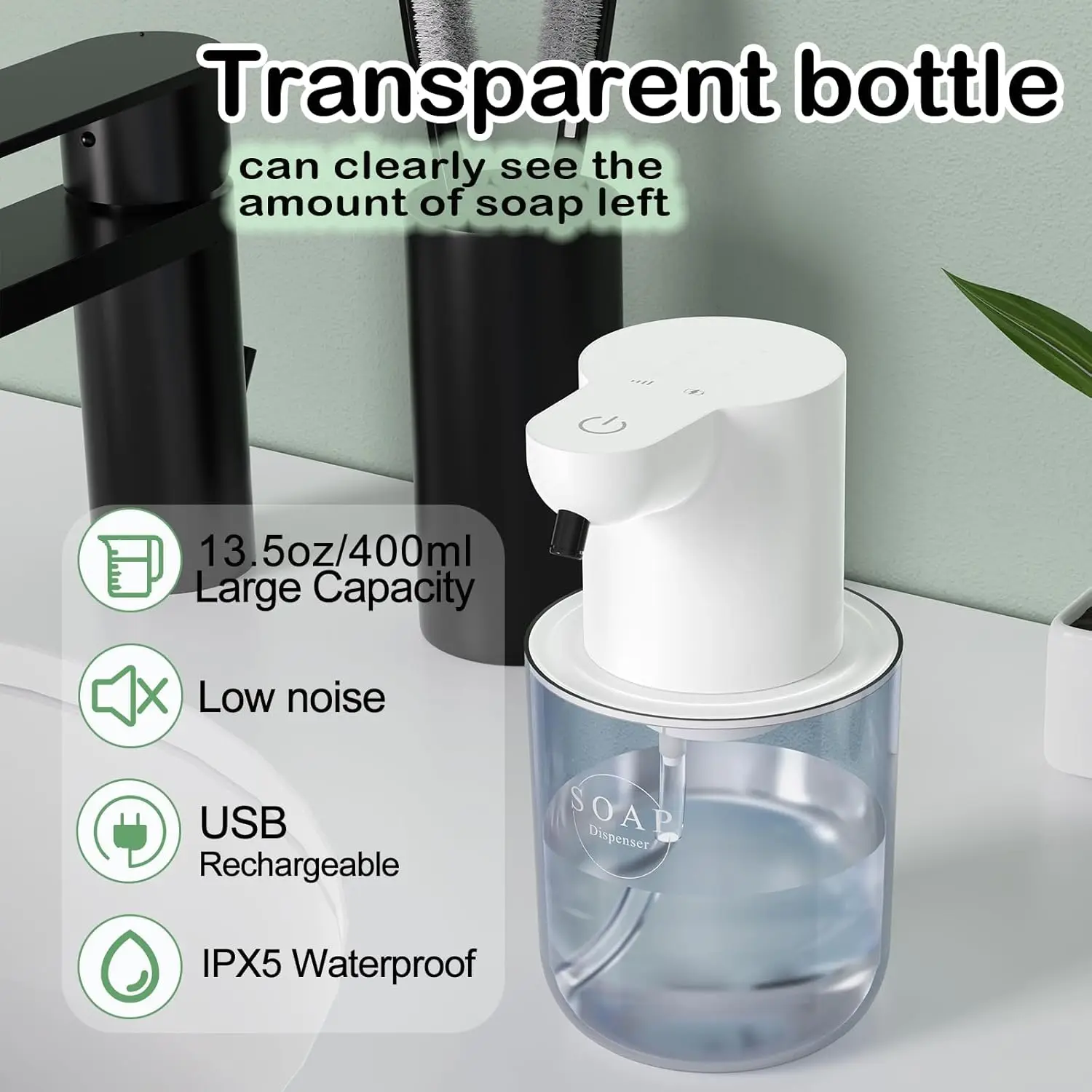400ML Countertop or Wall Mounted USB Rechargeable 4-Levels Adjustable ...