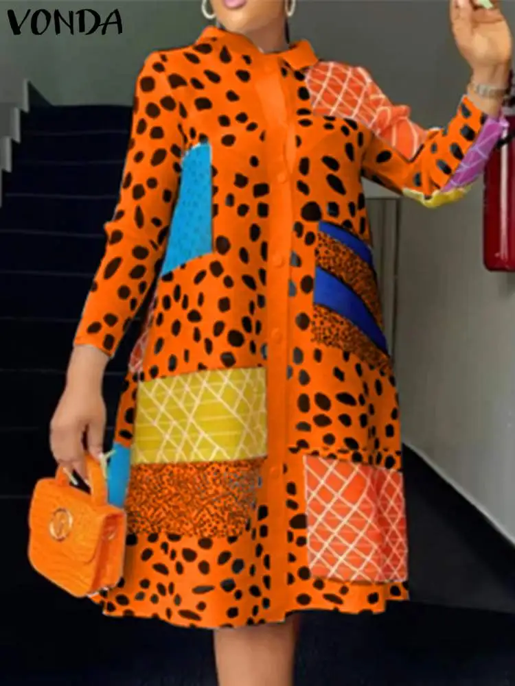 2024 VONDA Women Bohemian Dress Lapel Long Sleeve Leopard Printed Shirt ...
