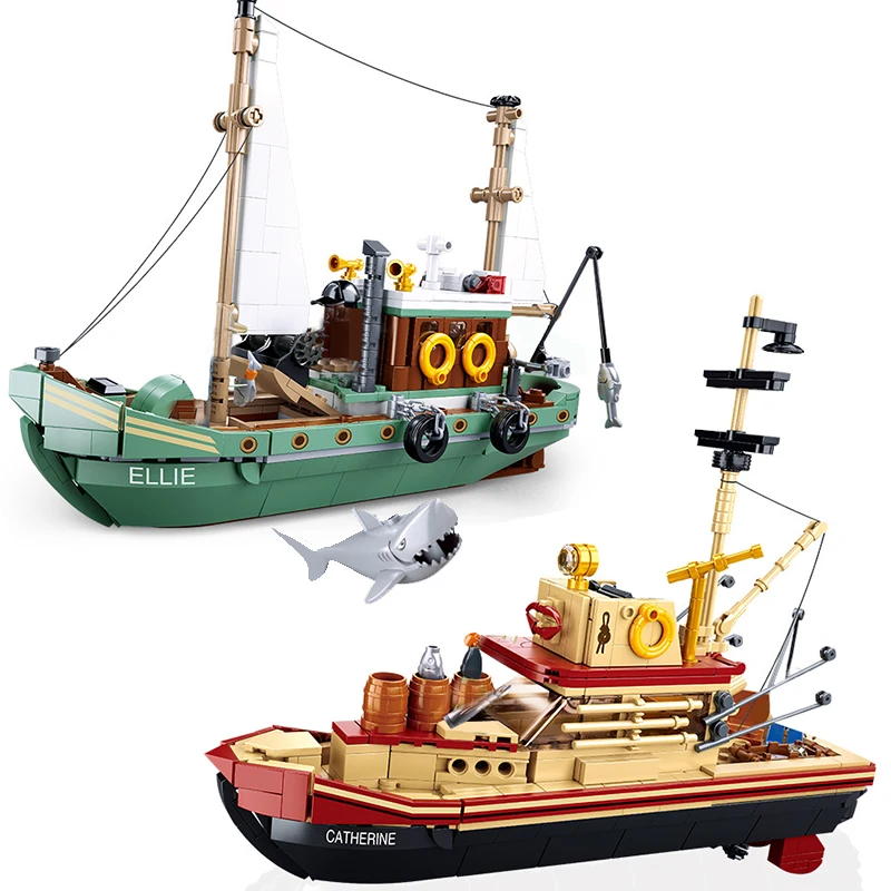 Creative Fishing Boat Building Blocks Bricks Ship Fisherman Figures ...