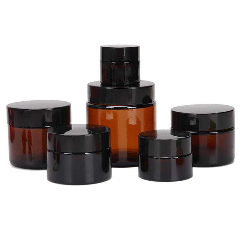10pcs 5g-50g Amber Glass Jars With Black Lids Round Storage Pots Wide ...