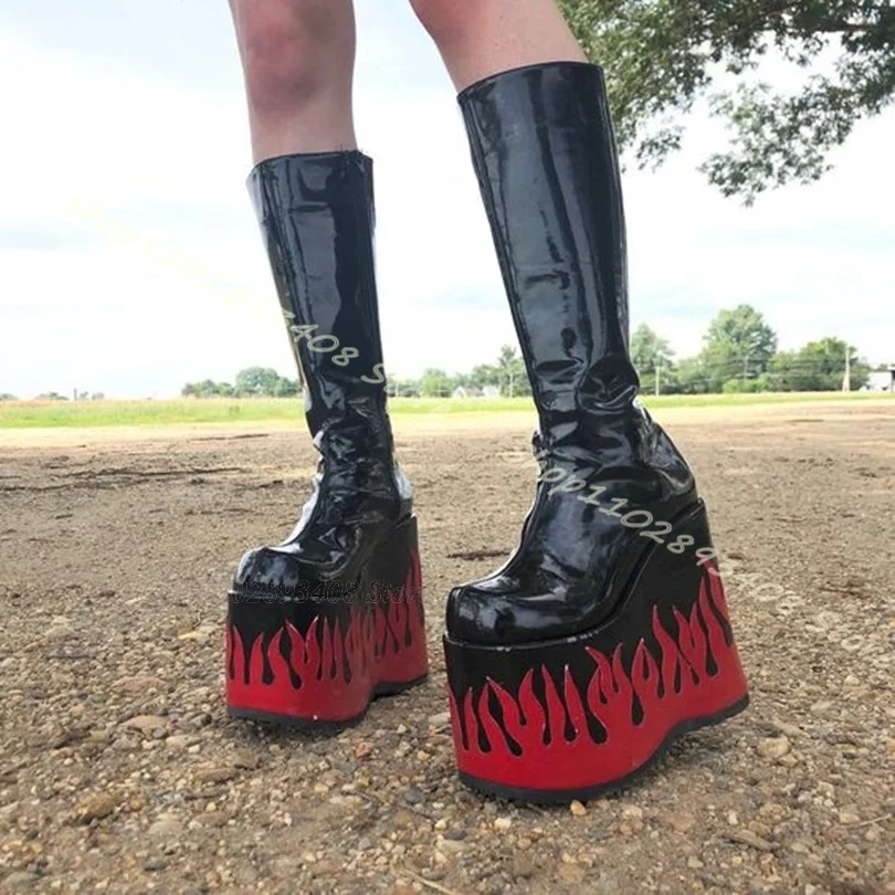 Red Flame Muffin Bottom Boots Round Toe Side Zipper Patent Leather ...