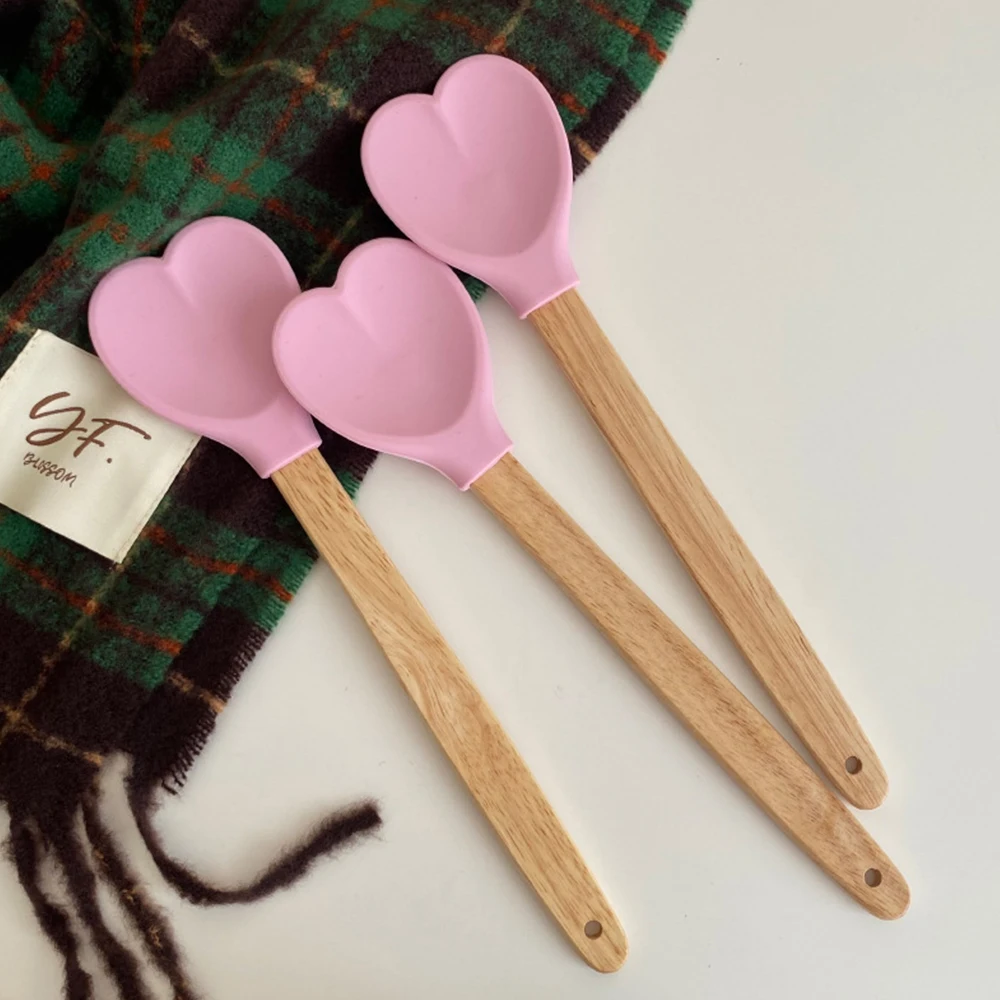 Valentine-s-Day-Pink-Love-Silicone-Spatula-Heart-Shaped-Wooden-Handle ...