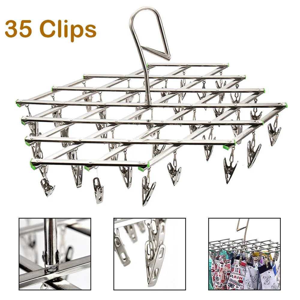 Stainless-Steel-Windproof-Clothespin-with-35-Clips-Clothes-Drying-Rack ...
