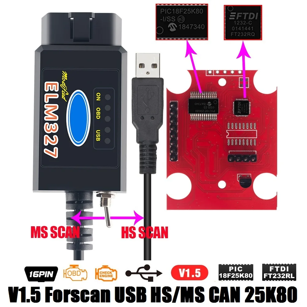 V1.5 USB ELM327 funciona en Forscan HS CAN/MS CAN OBD2 interruptor de lector de código FTDI ...