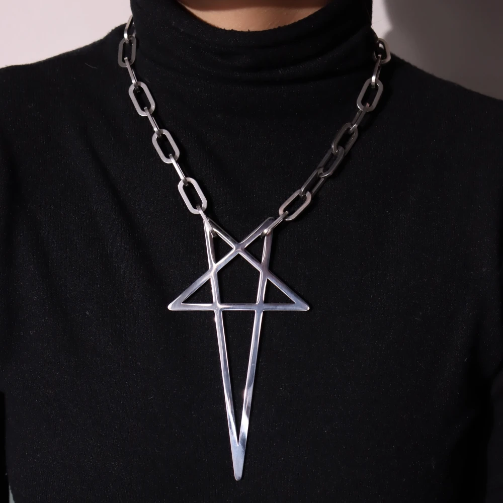 Punk-Rock-Hip-HopTrend-Exaggerate-Coarse-chain-Pentacle-Pendant-Titanium-steel-Choke-Necklace ...