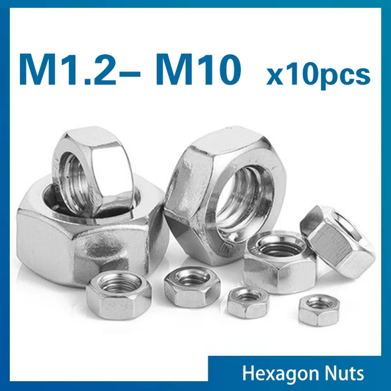 10pcs/lot 304 Stainless Steel Hex Hexagon Nuts DIN555 M2 M2.5 M3 M3.5 M4 M5 M6 M8 M10 ...