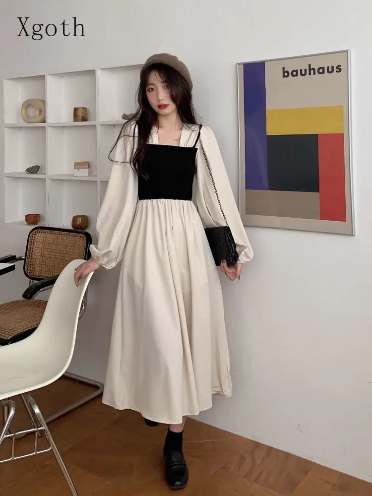 Xgoth-Oversize-Mid-length-Spring-Autumn-Dress-Retro-Square-Collar-Long-Sleeve-Fake-Two-Piece ...