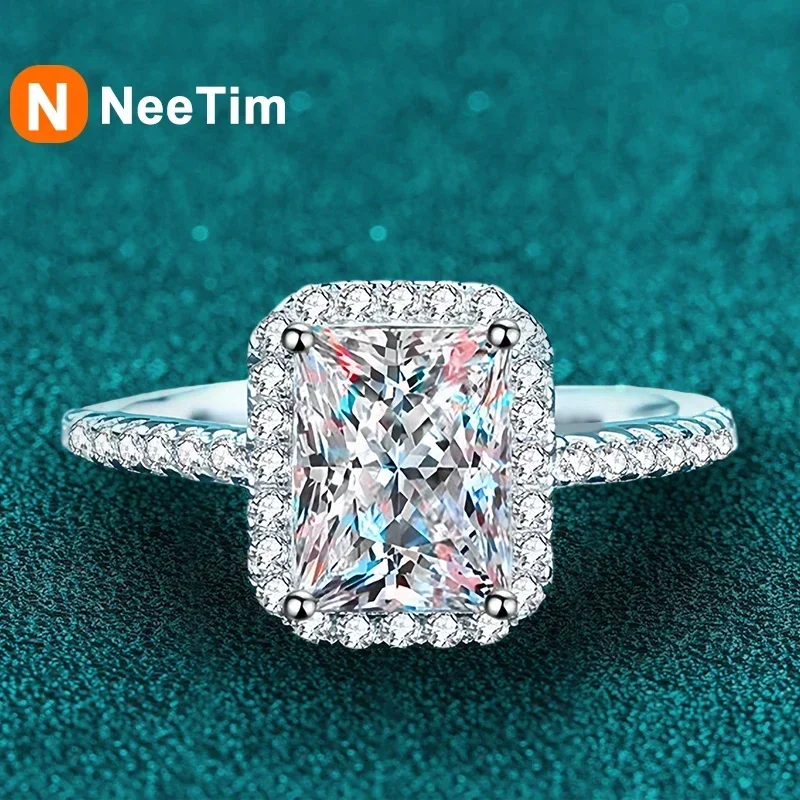 NeeTim-2-Carat-Moissanite-Ring-for-Women-Emerald-Radiant-Cut-Diamond-Sterling-Silver-925-with ...