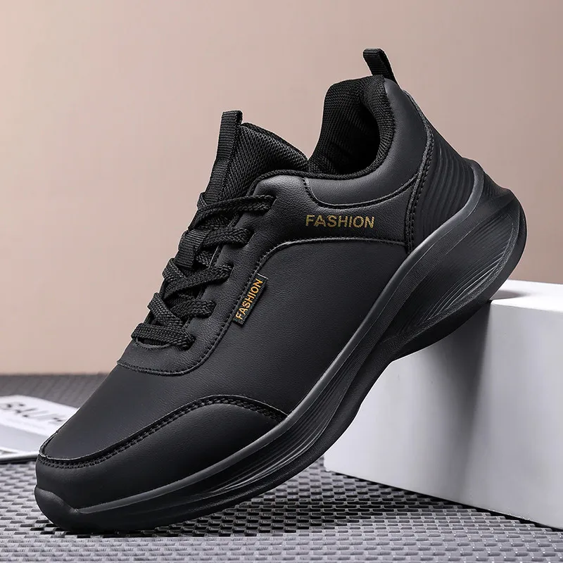 Fashion Black Men's Running Shoes Waterproof Leather Men Sneakers ...