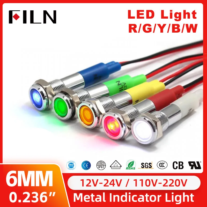 5pcs 6mm Pilot Panel Dash Signal Mini 12v 24V LED Metal Indicator Light ...