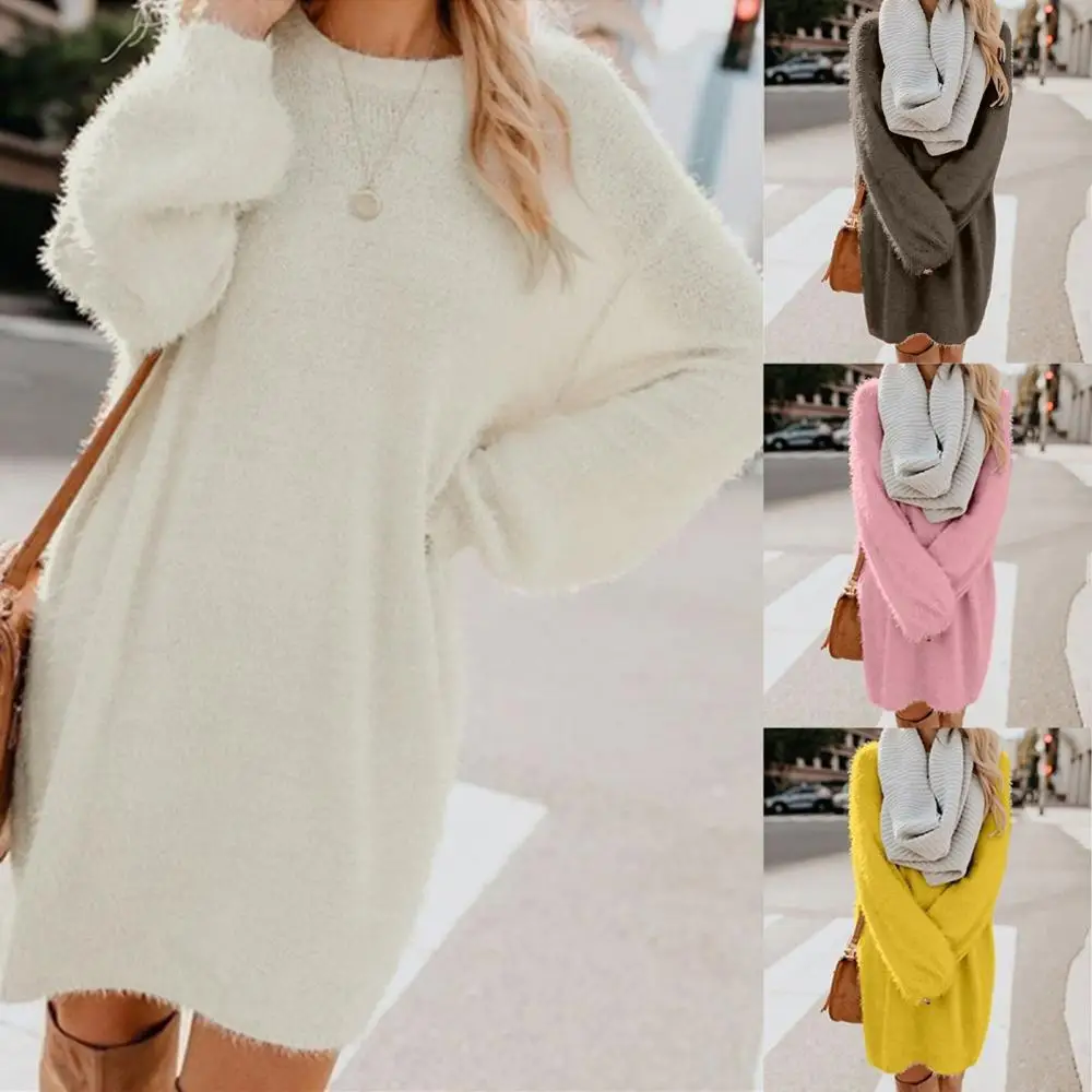 Chic-Women-Dress-Autumn-Solid-Color-O-Neck-Sweater-Fluffy-Loose-Knee ...