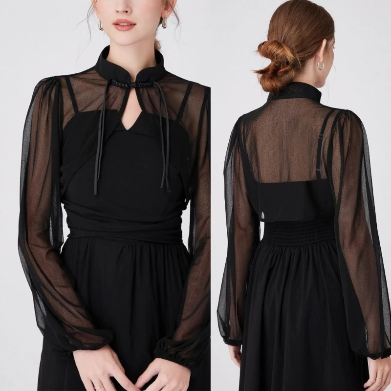 Chal cuello falso negro elegante con manga larga para damas elegantes ...
