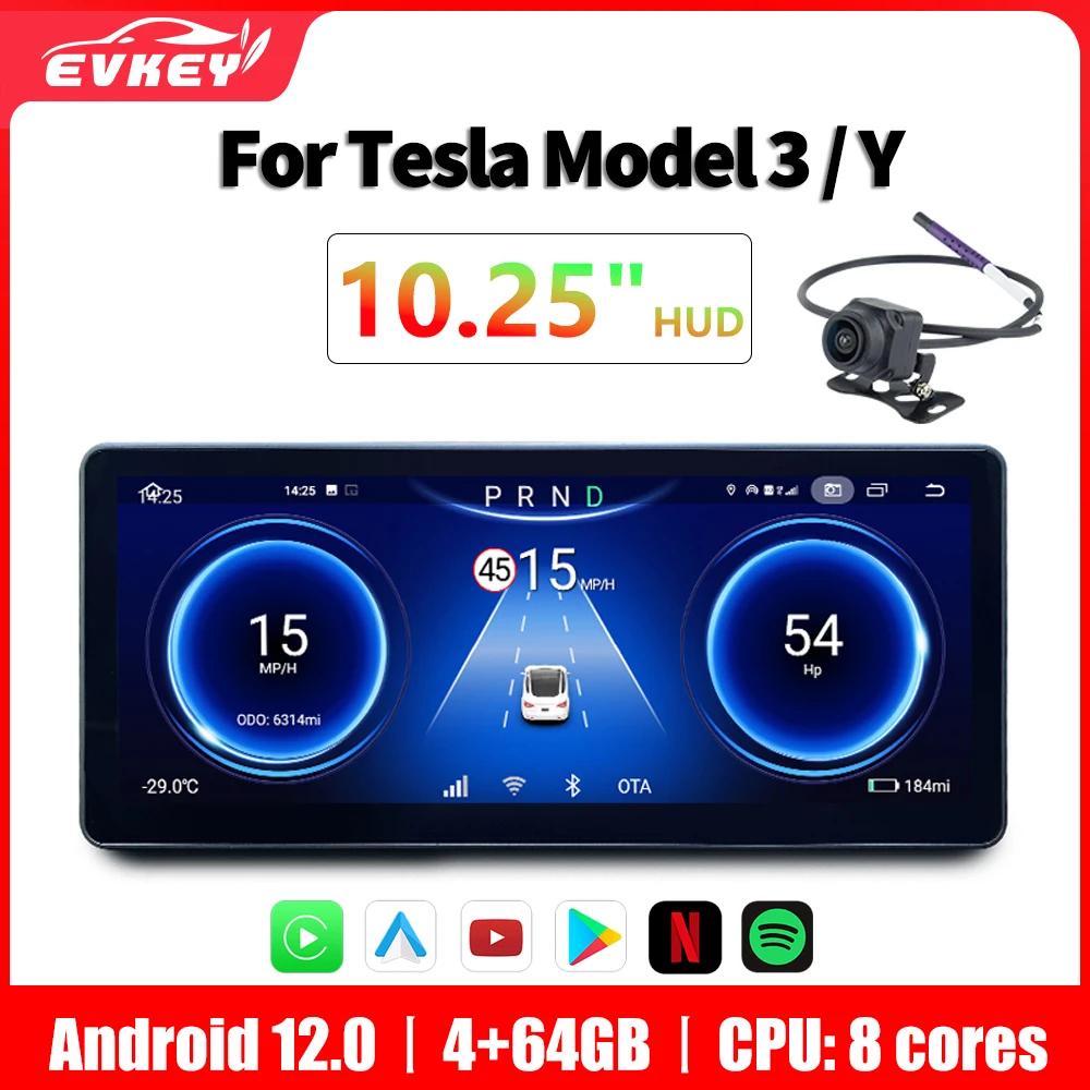 EVKEY 계기판 스크린 디스플레이, 테슬라 모델 3 Y 헤드업 디스플레이, 안드로이드 12 카플레이, 최신 10.25 인치