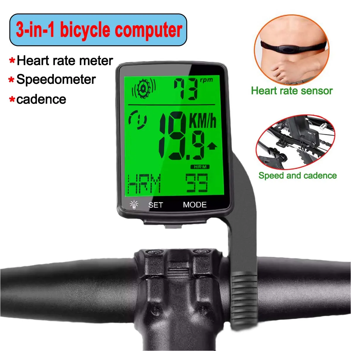 Wireless bicycle computer, 3-in-1 function heart rate monitor, pedal ...