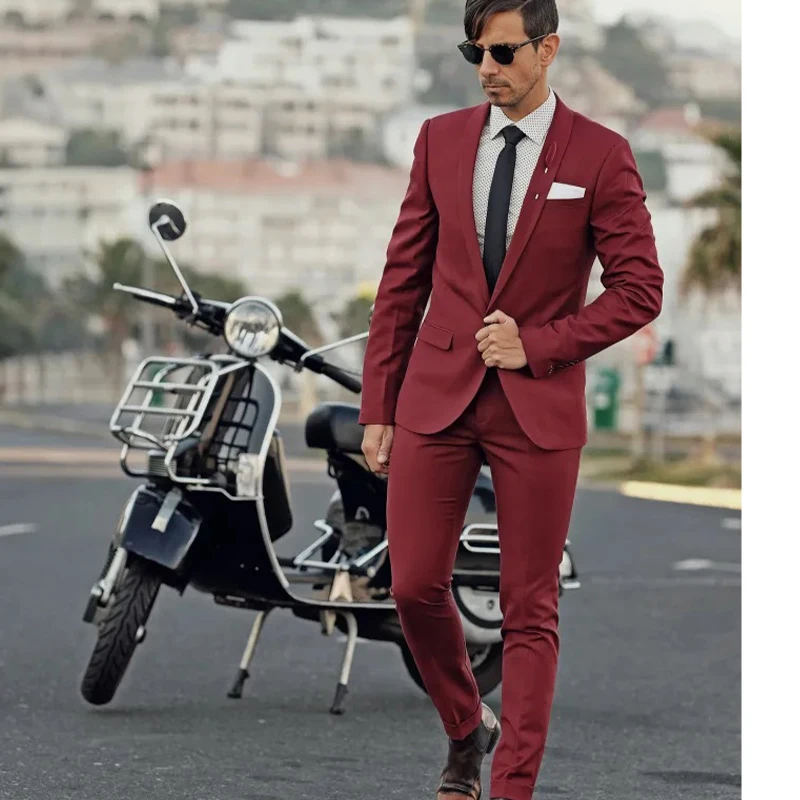 Dark Red Men Suits 2 Pieces Traveling Wedding Business Suit for Men ...