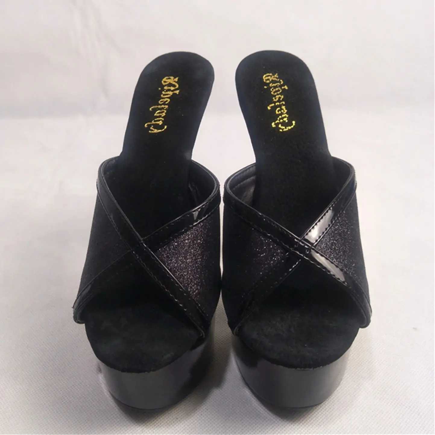 15CM Platform Slide Sandals Shoeteng, Black V-Cross Band Mules with ...