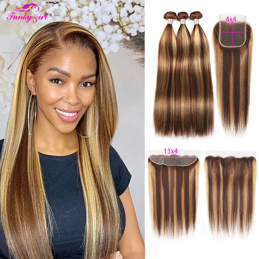 Highlight-Bundles-With-Closure-Transparent-Lace-P4-27-Ombre-Honey ...