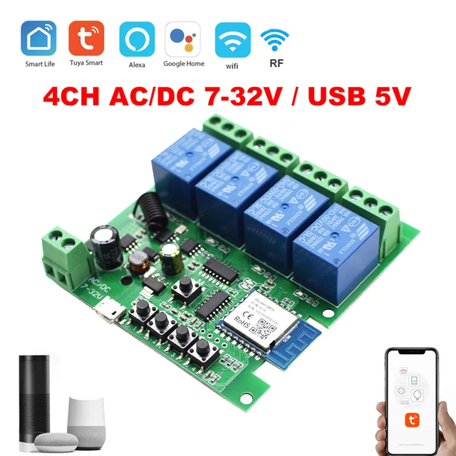 4CH Tuya Smart Switch 220V WIFI Module Remote Control USB 5V 12V 24V 85 ...