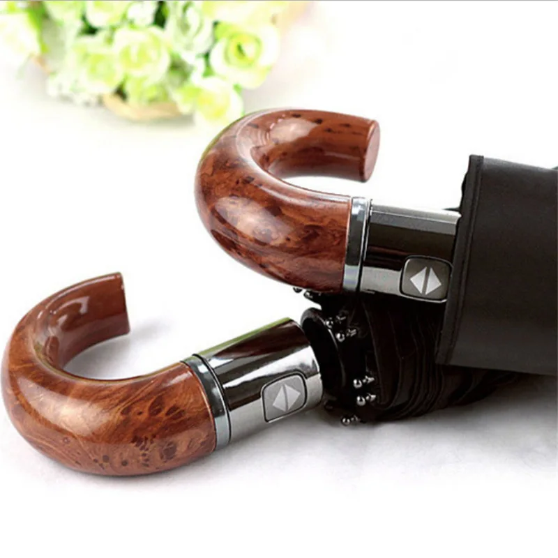 Black-10-Rib-Umbrella-with-Wooden-Handle-and-Curved-Handle-Solid-Color ...