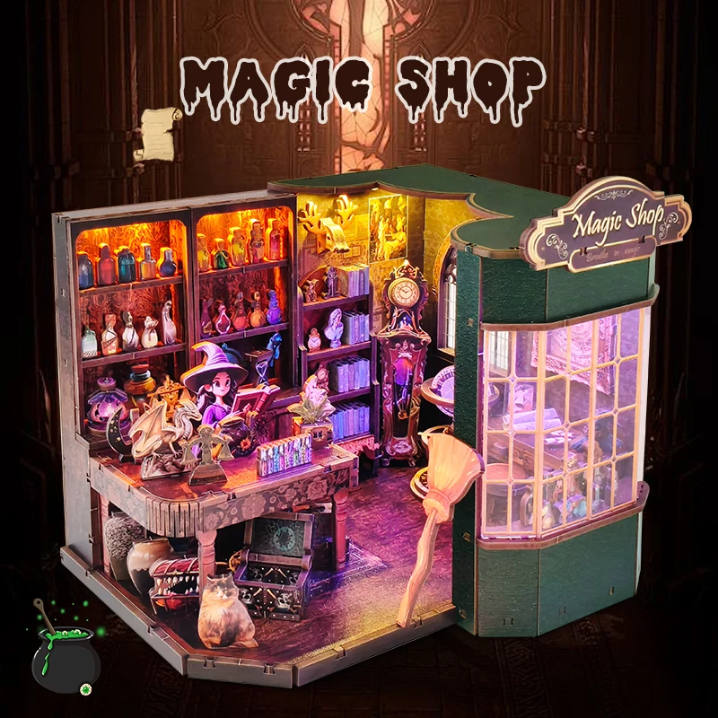 DIY Wooden Magic Shop Cottage Figurines Miniatures Bookend Assembled ...