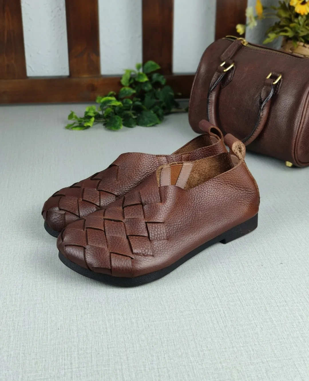 Zapatos de boca baja de cuero tejido para mujer, calzado individual informal Retro, suela suave ...