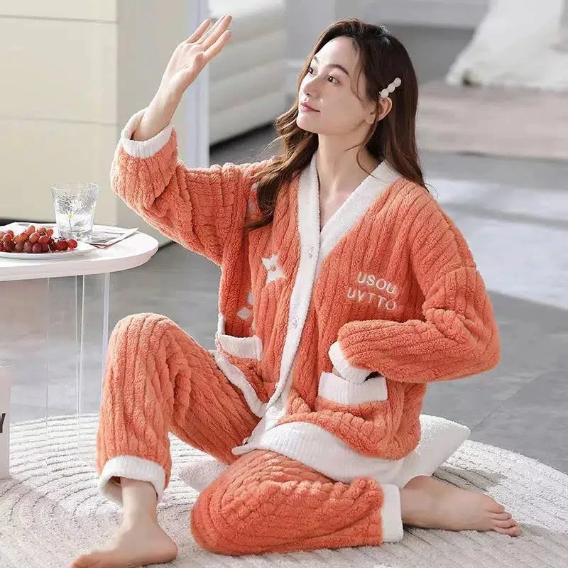 Flowers-Winter-Women-Pajama-Sets-Flannel-Pajama-Sleepwear-Thick-Coral ...