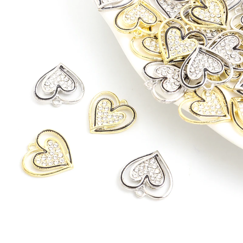10pcs Romantic Double Hearts Rhinestones Enamel Charms DIY Couple ...