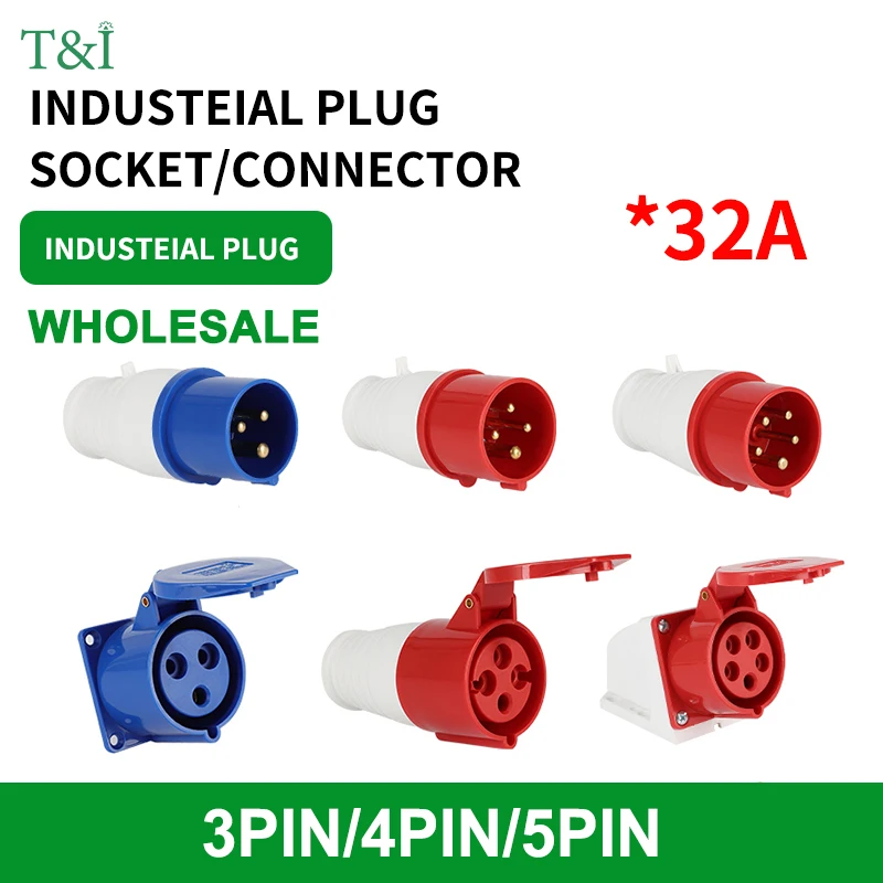 220V-380V-32A-34-5Pin-Industrial-Waterproof-Plugs-Socket-Male-Female ...