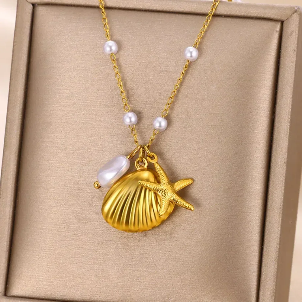 Fashion-Starfish-Shell-Pearl-Necklace-For-Women-Girls-Gold-Color ...