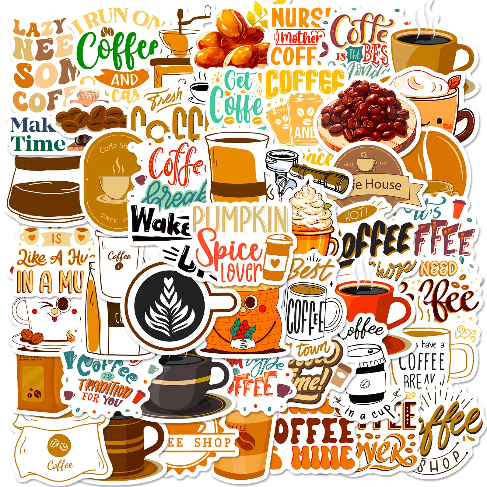 Coffee-Stickers-50-Pcs-Cool-and-Fun-Coffee-Sticker-Pack-Waterproof ...