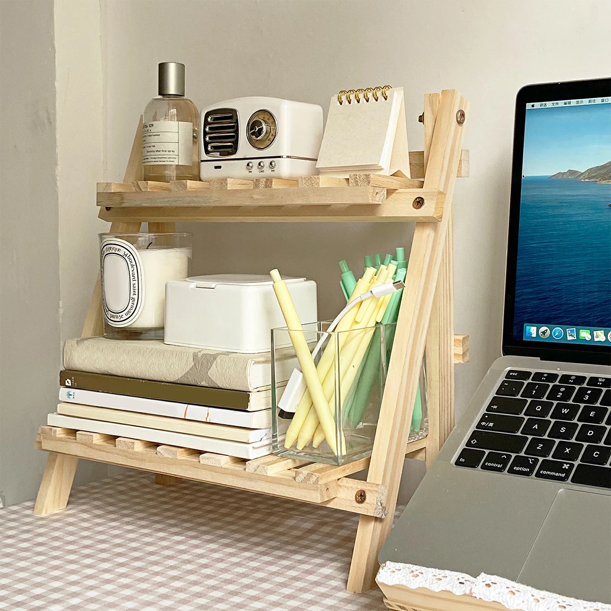 Wooden-Desktop-Storage-Rack-2-Layer-Desktop-Storage-Shelf-Folding-Desk ...