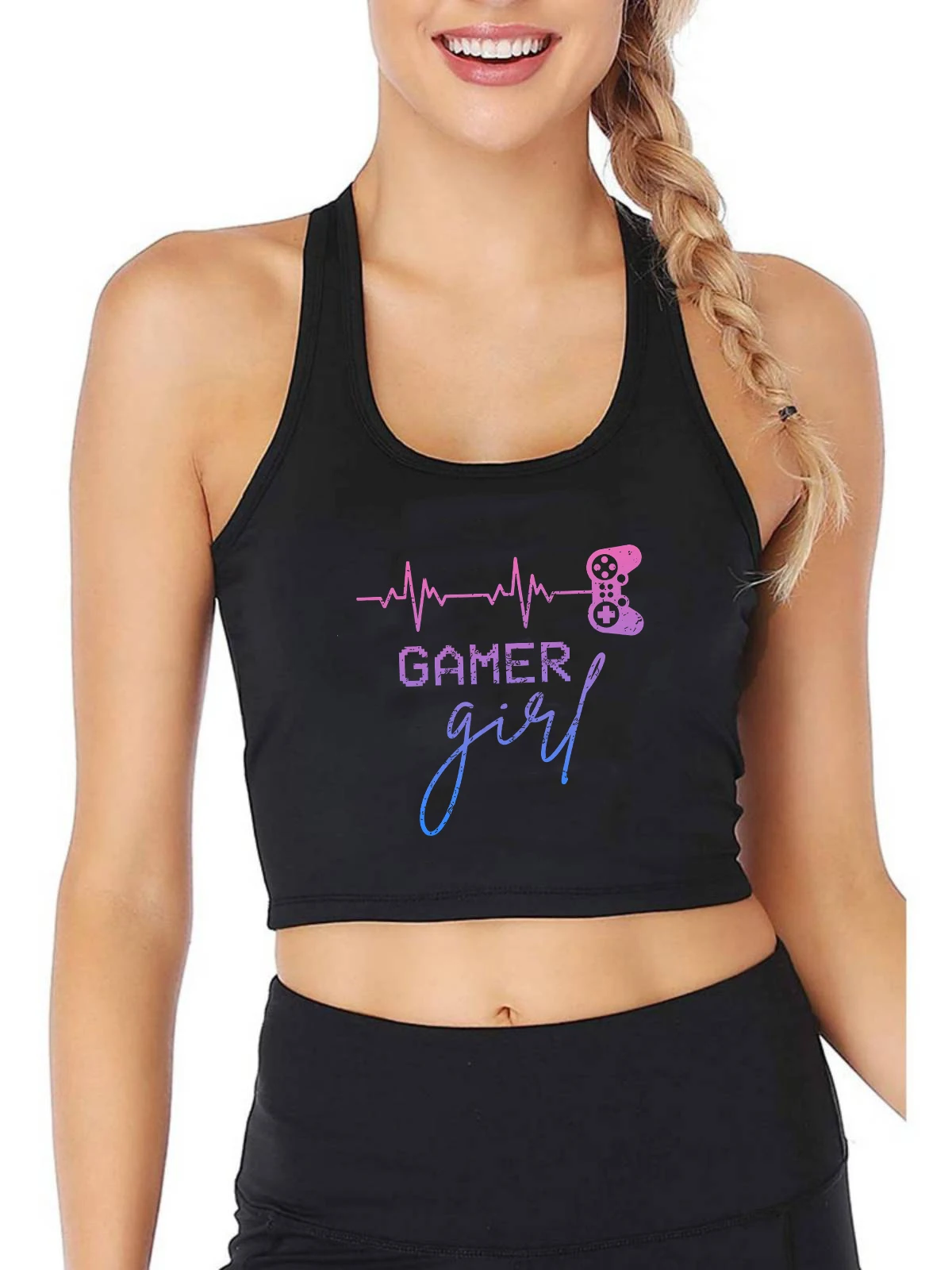 Gamer Girl Cute Heartbeat Graphics Sexy Slim Fit Tank Top Video Game Lovers Harajuku Crop Top E ...