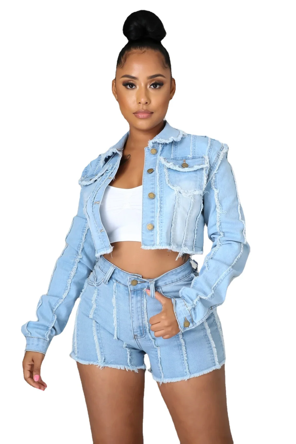 Casual-Women-Jeans-Two-Piece-Set-Jacket-Coat-Short-Pants-Sportsuit ...