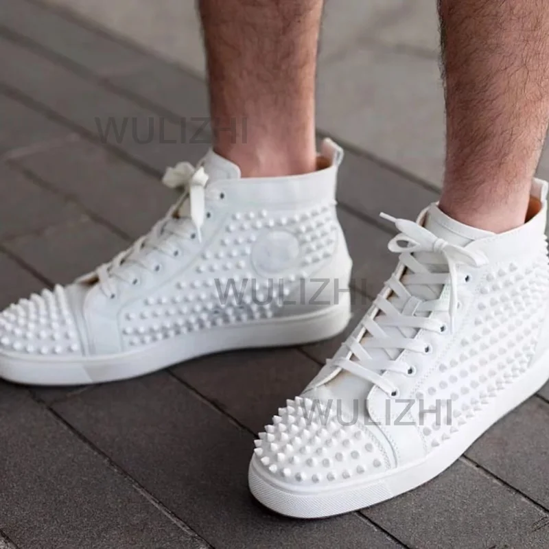 Pure-White-Rivet-Ankle-Sneakers-Men-Lace-Up-Red-Casual-Women-Flat-Shoes ...
