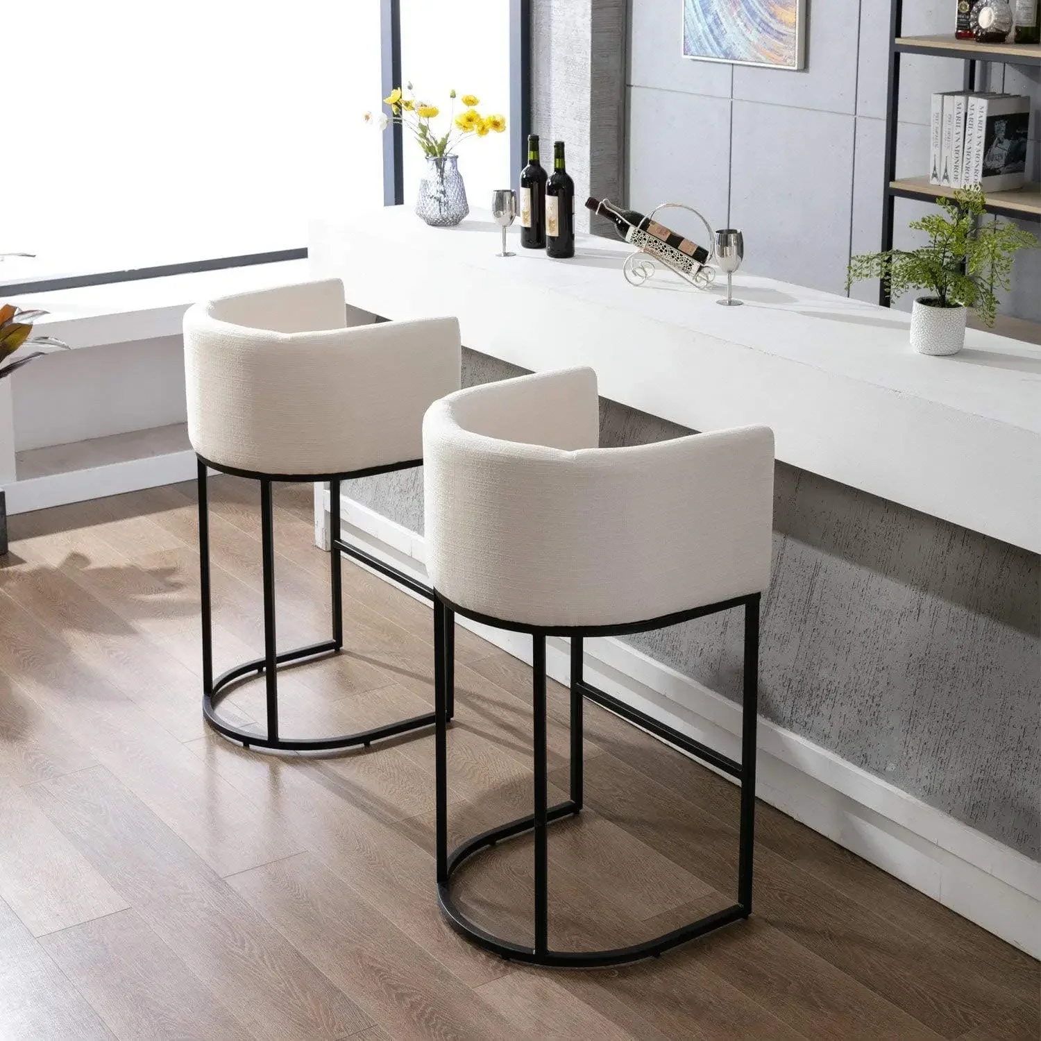 Contemporary-Cream-Linen-Bar-Stools-Set-of-2-32-Upholstered-Fabric ...