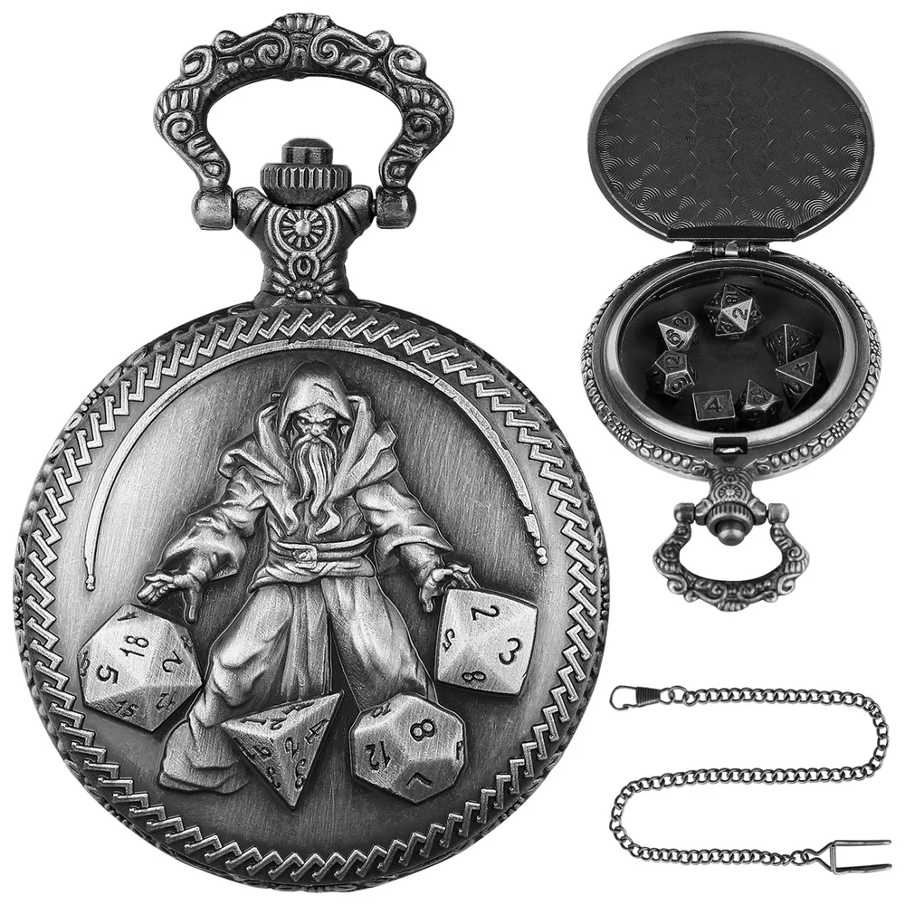 Metal-Pocket-Watch-Case-Mini-Polygon-Dices-Set-Grey-Black-Bronze-Wizard ...
