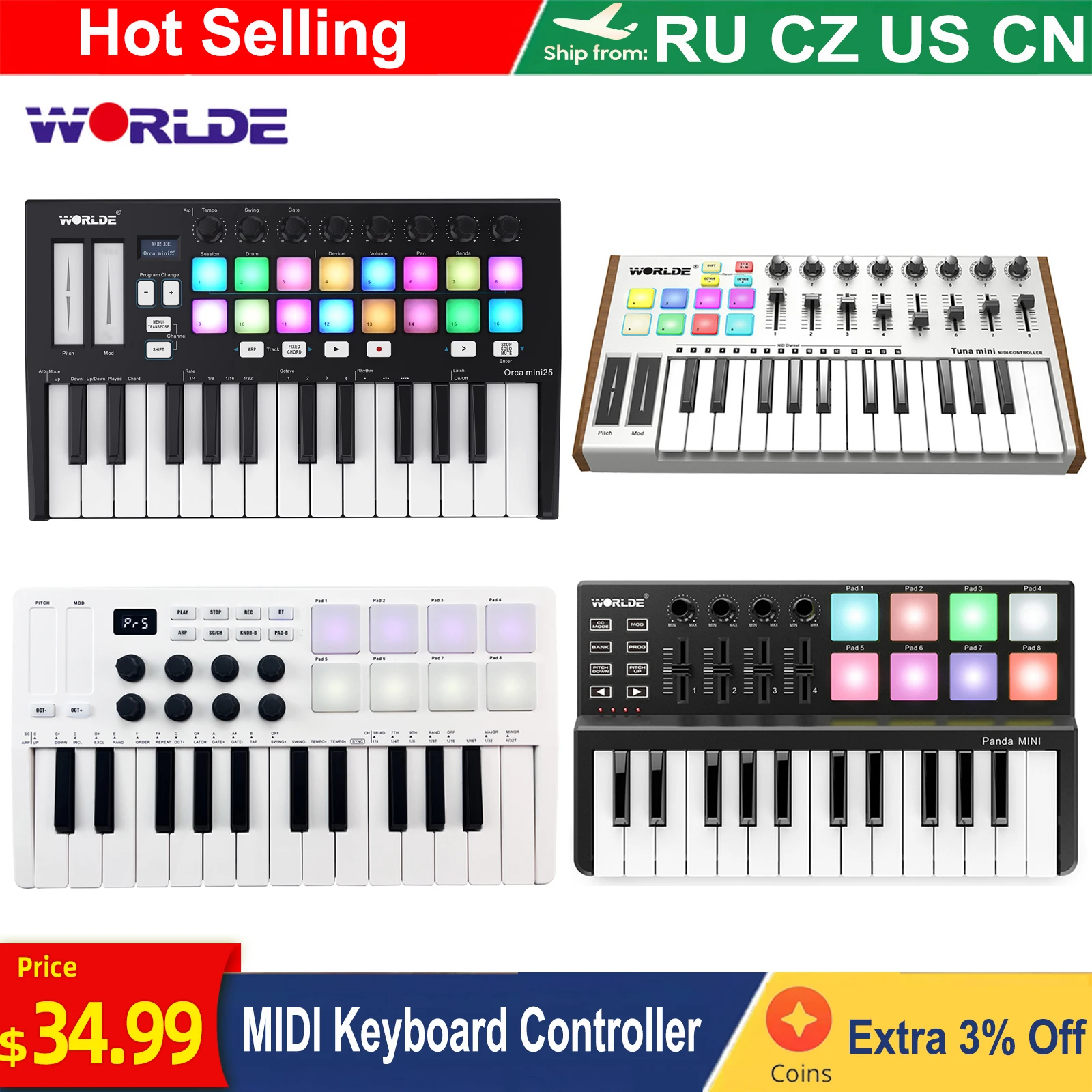 Worlde panda midi teclado midi controlador de bateria mini 25key portátil usb midi controlador ...