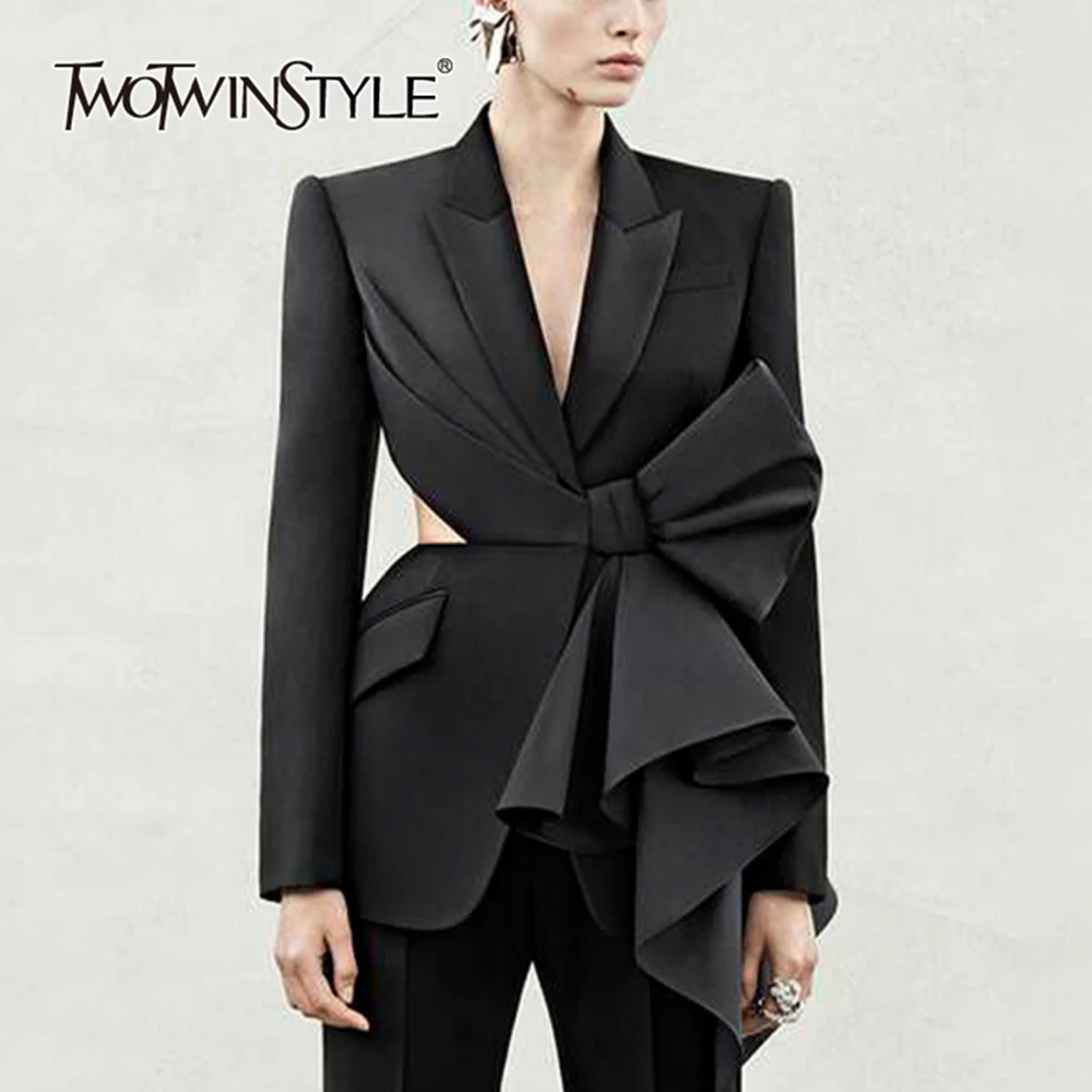 TWOTWINSTYLE-Solid-Spliced-Bowknot-Hollow-Out-Blazer-For-Women-Notched ...