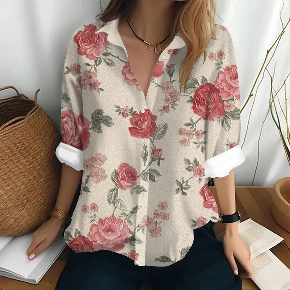 Women-s-Long-Sleeved-Shirt-Flower-Pattern-T-shirt-Fashionable-Loose ...