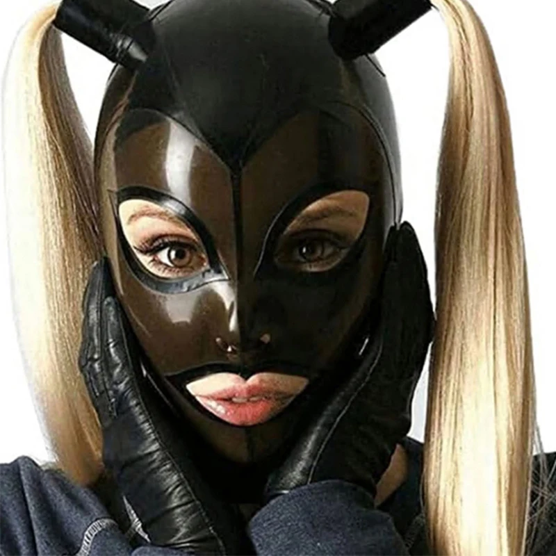Handmade-Latex-Mask-Rubber-Hood-Black-with-Transparent-Black-2-Wigs ...