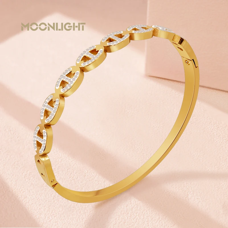 MOONLIGHT Hollow Pig Nose Titanium Steel Bangles New Trendy Zircon Rose Golden Bracelet Fashion ...