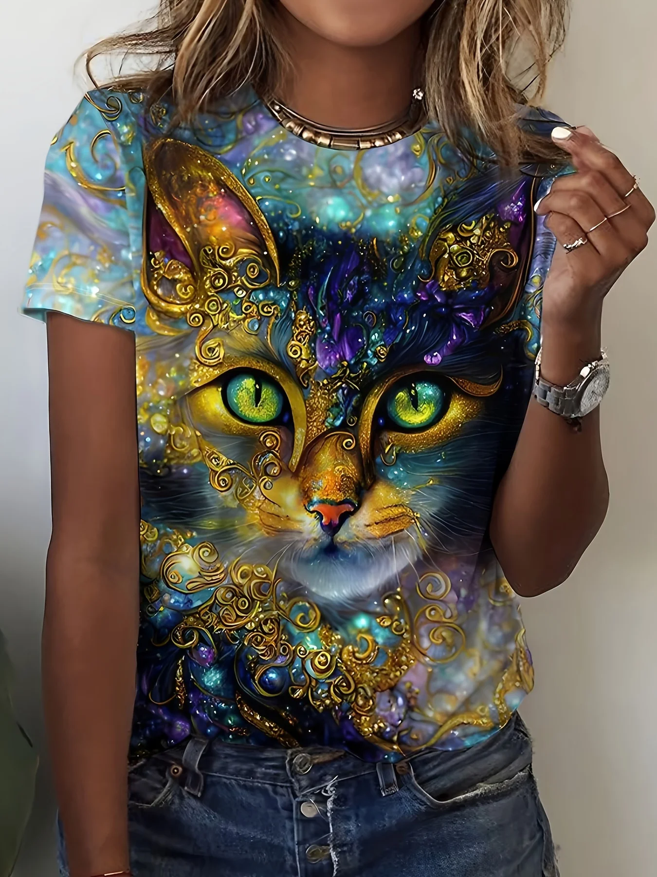 Colorful-Cat-Print-Crew-Neck-T-Shirt-Casual-Short-Sleeve-Top-For-Spring ...