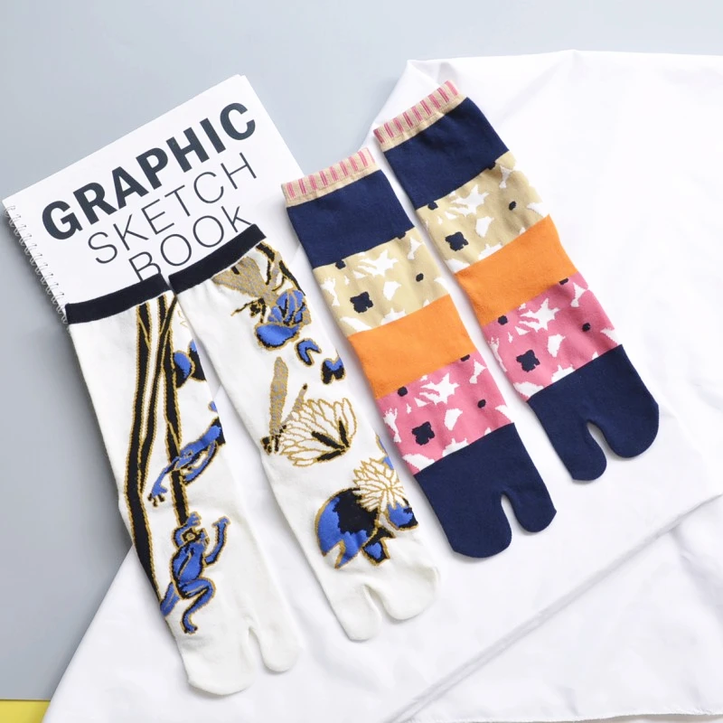 Colorful-Cartoon-Combed-Cotton-Women-s-Two-Toe-Socks-Grapes-Waves-Carp ...