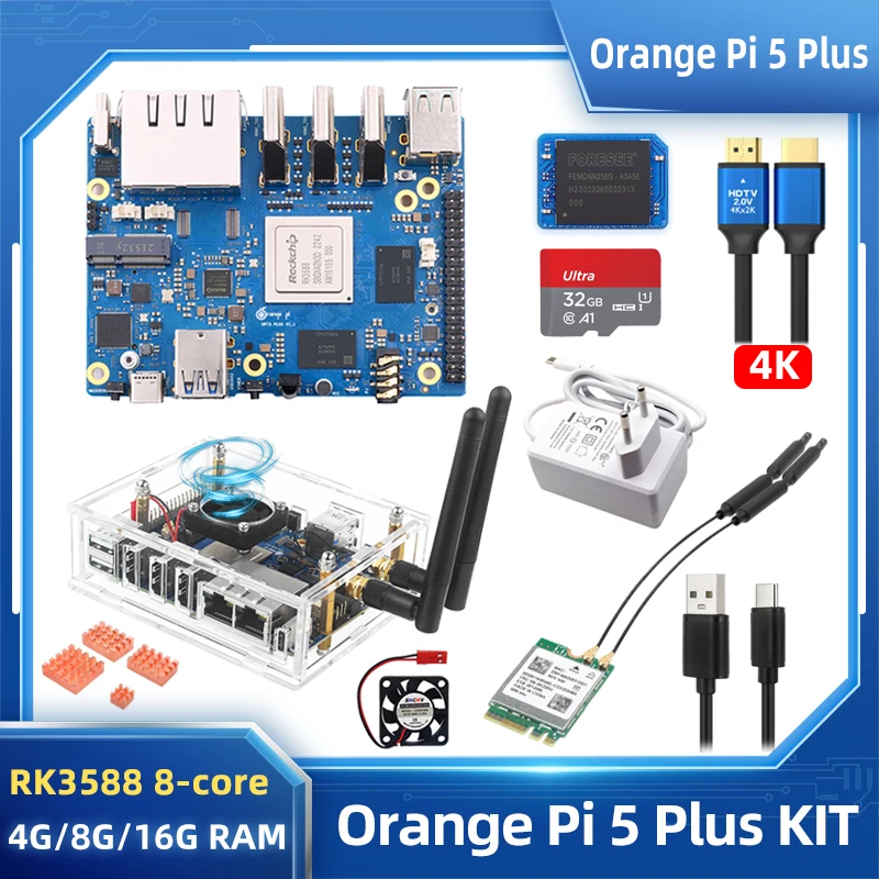 Orange Pi 5 Plus 듀얼 이더넷 포트 PCIe 확장 옵션 케이스, 팬 WiFi6 BT 전원 공급 장치, RK3588 ...
