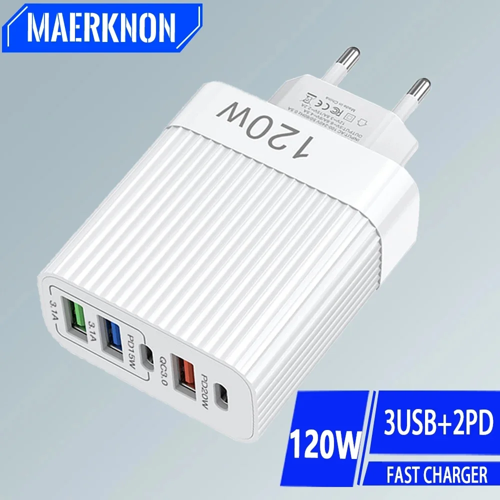 120W-Fast-Charger-5-Ports-USB-PD-Type-C-Quick-Charge-Phone-Charger ...