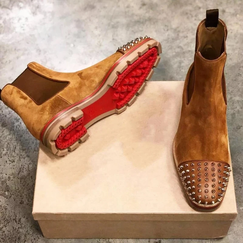 Brown Flock Rivet Chelsea Boots Red Bottom Slip-on Business Shoes for ...