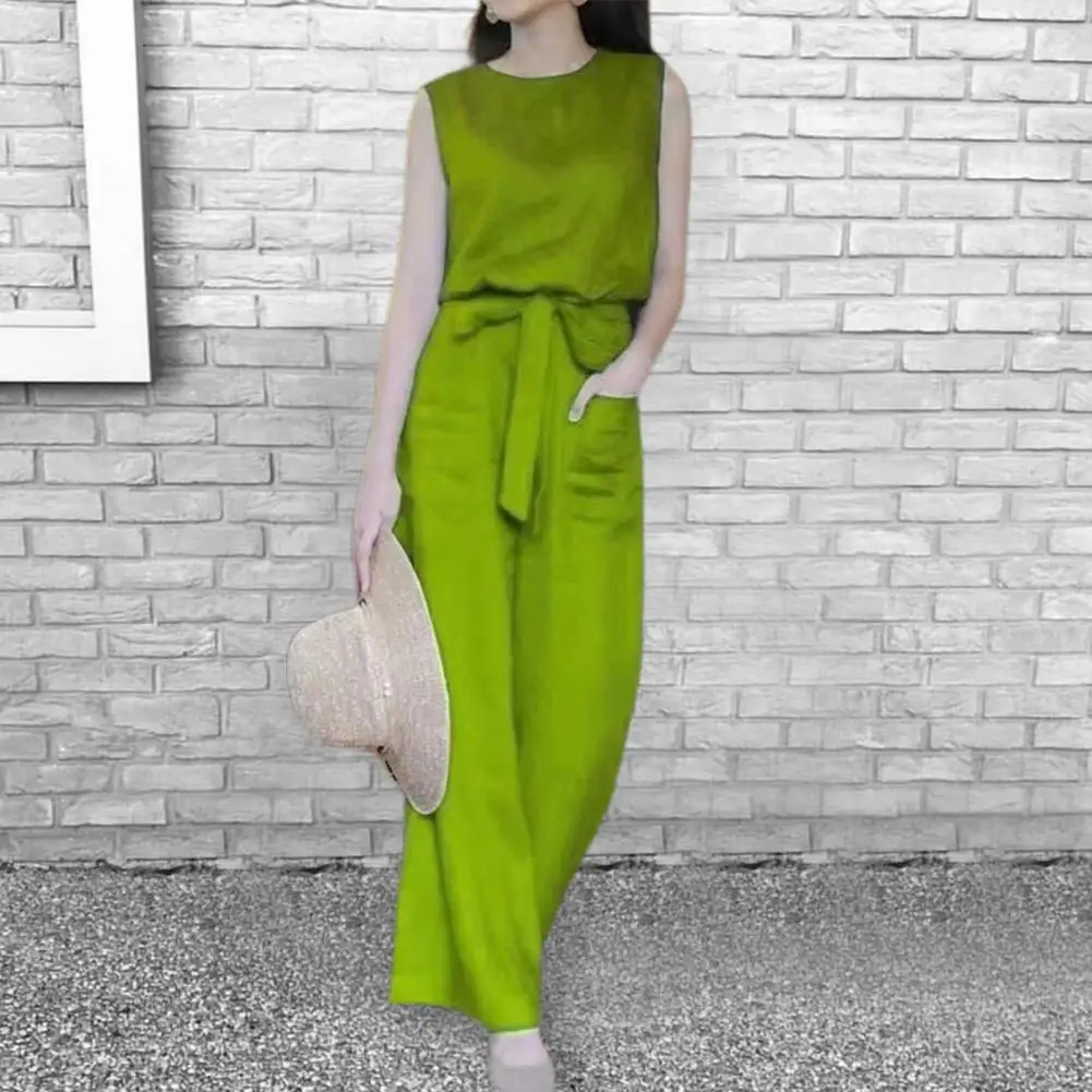 Summer-2023-Women-Holiday-Linen-Pant-Set-Crop-Tops-Solid-Outfits-2-Two ...